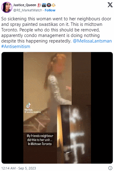 多伦多发廊美女老板在condo走廊和邻居门上喷漆!涉仇恨犯罪被抓了